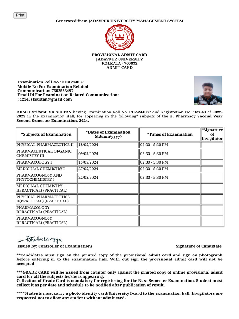 B. Pharmacy 2nd Year Admit Card 2024 | PDF