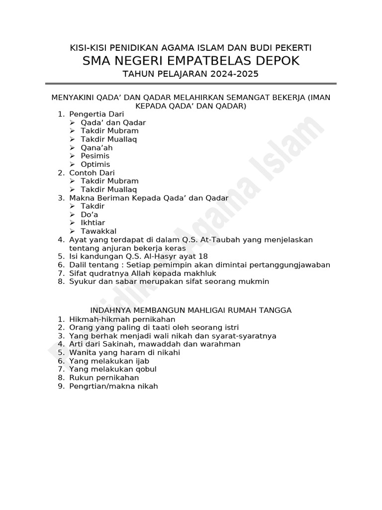 Kisi-Kisi - Kelas Xii - Mapel Pai - Psas Semester I | PDF