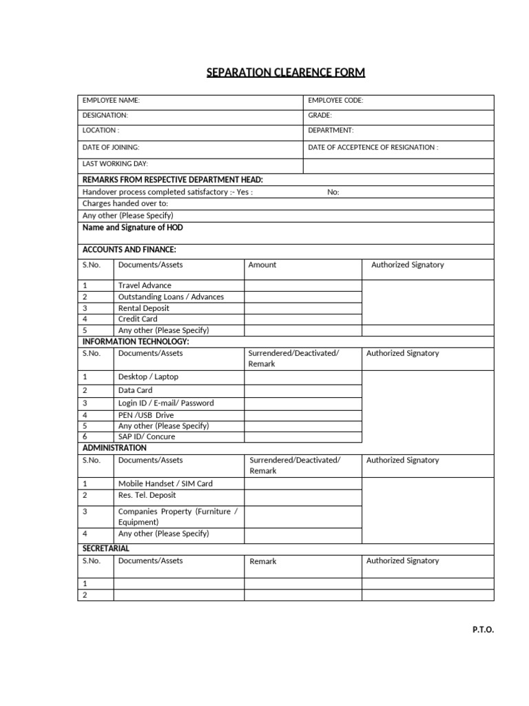 Separation Clearance Form Sample | PDF