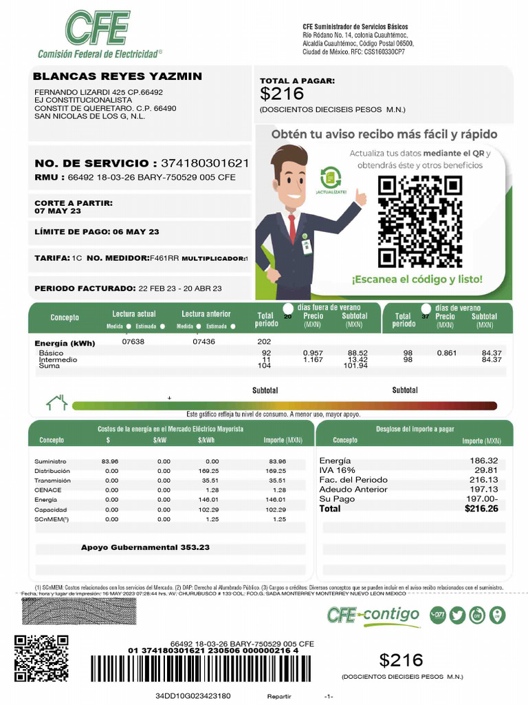 Blancas Reyes Yazmin: 66492 18-03-26 BARY-750529 005 CFE | PDF