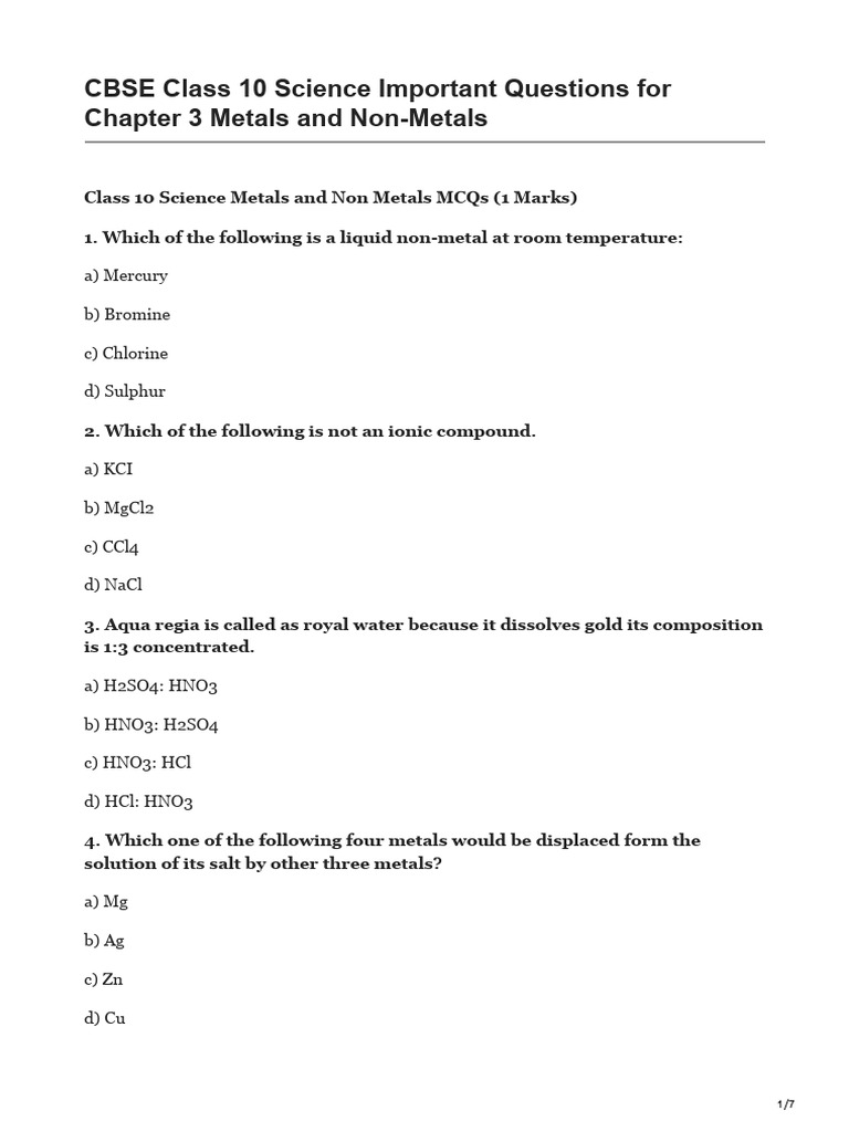 Class 10 Chapter 3 Science Important Questions | PDF | Ion | Magnesium
