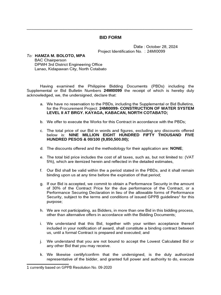 Bid Form For The Procurement of Infrastructure Projects | PDF