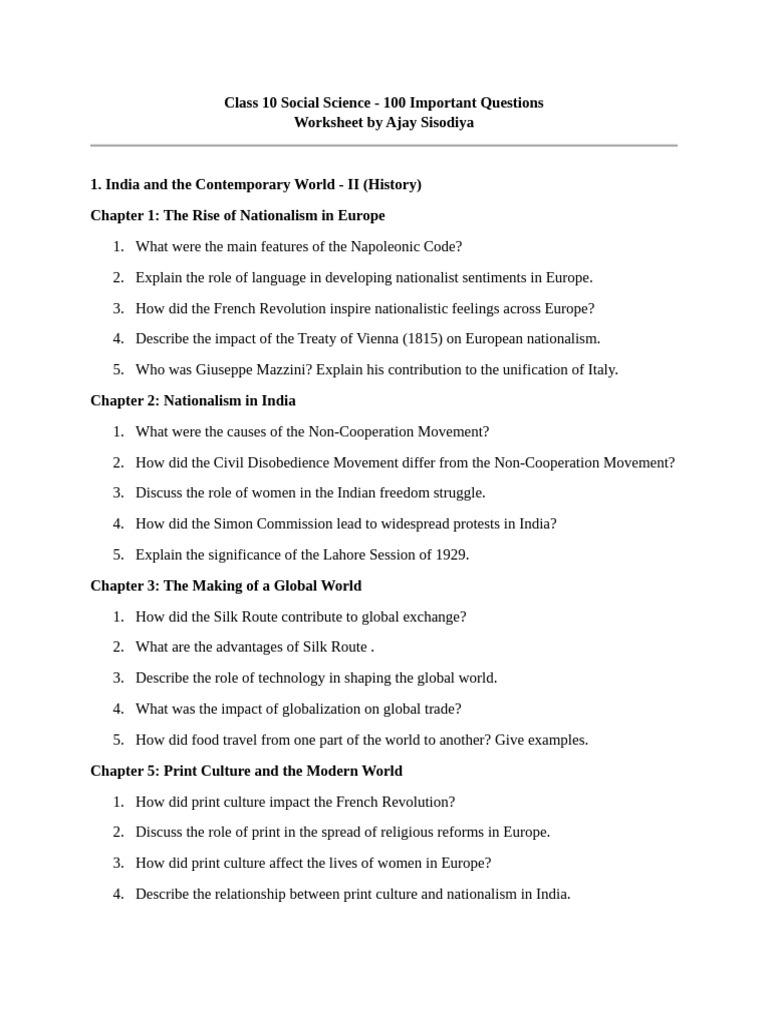 Class X SST Worksheet of 100 Questions | PDF | Agriculture ...