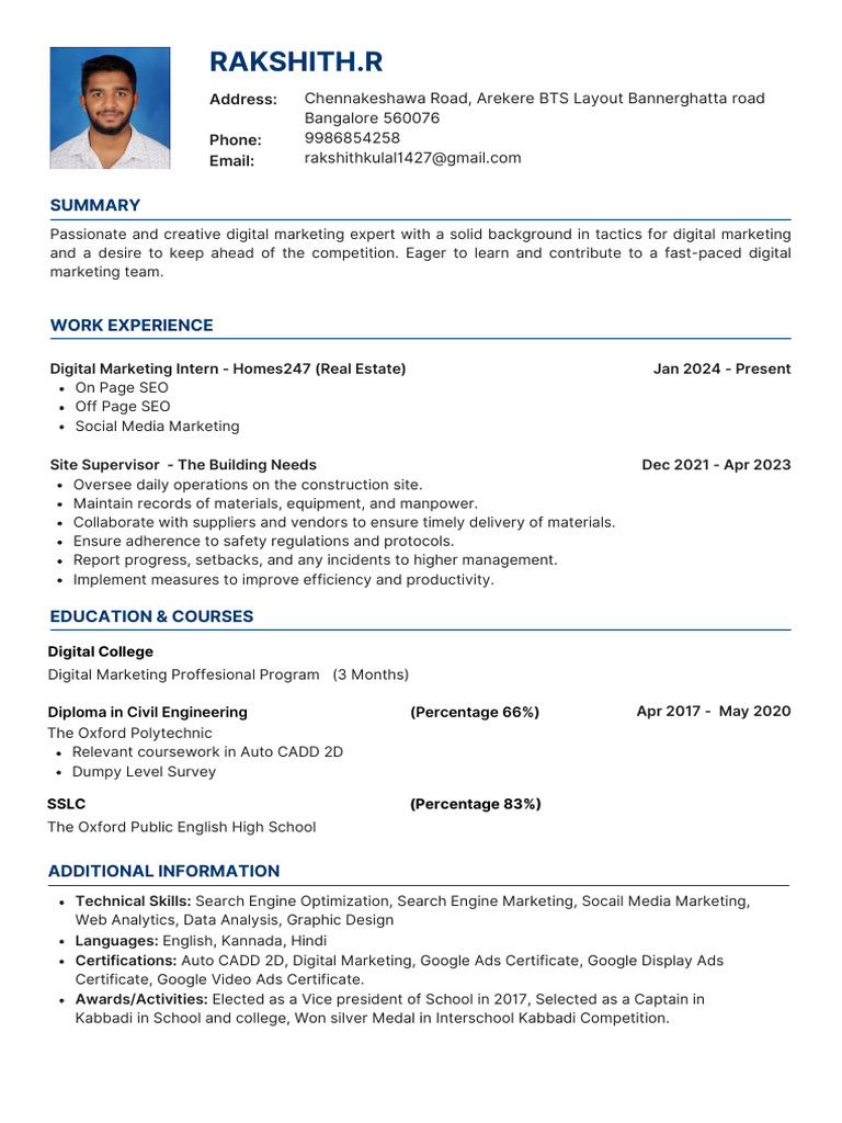 Rakshith.R: Address: Phone: Email | PDF