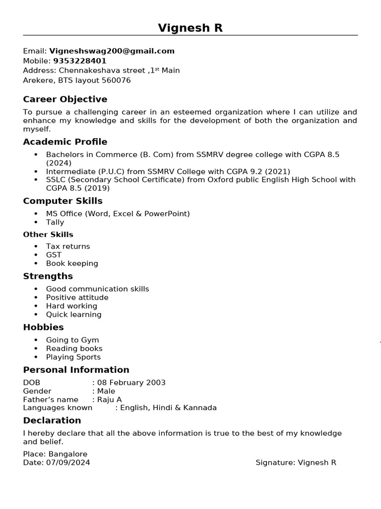 Vignesh R - B.Com Graduate Resume | PDF