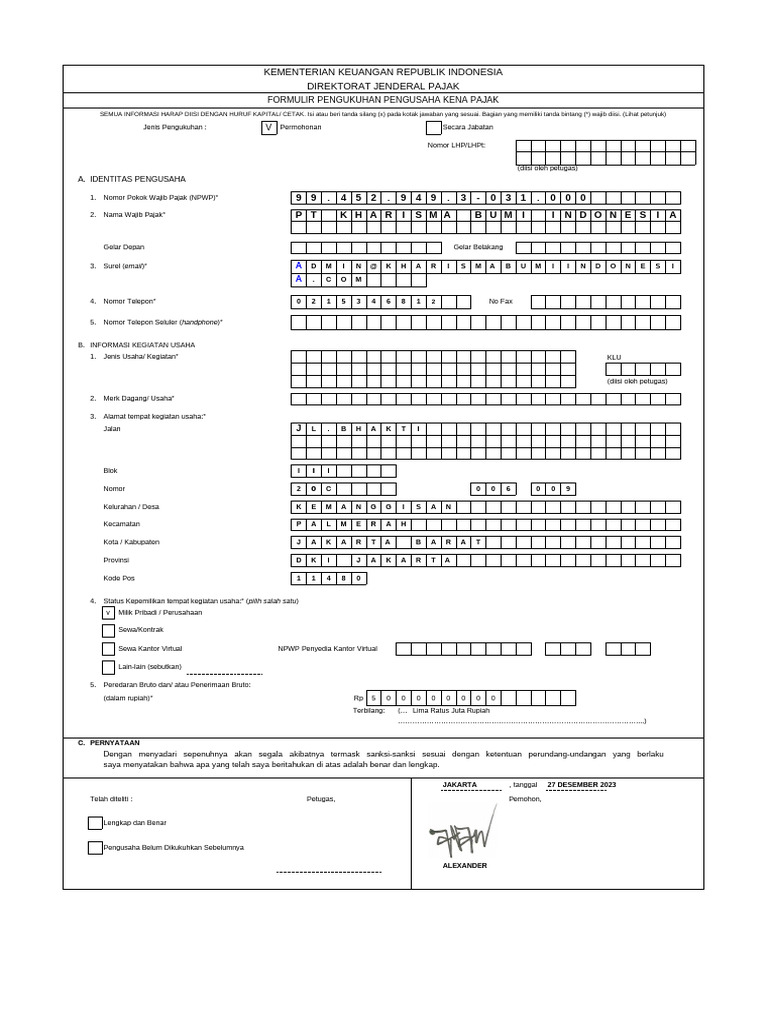 9. Formulir Pengukuhan PKP- PT.kbi | PDF