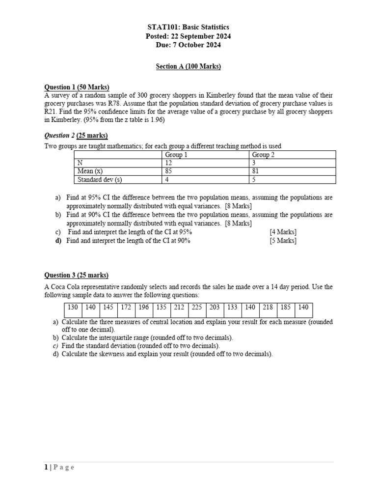 Updated STAT101 Assignment 2 | PDF | Skewness | Mean