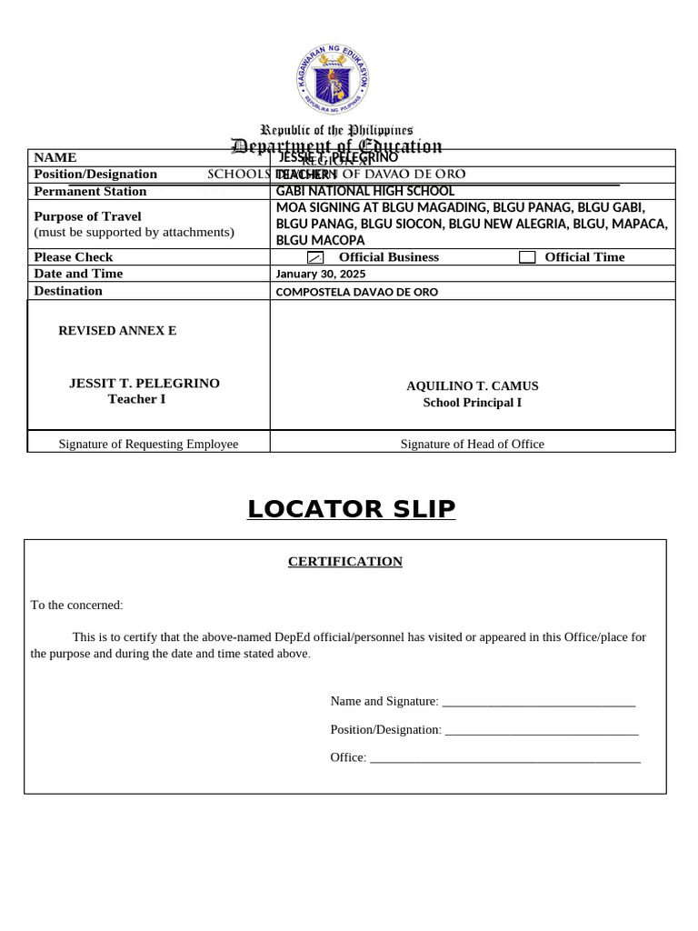 LOCATOR SLIP - Revised Annex e | PDF
