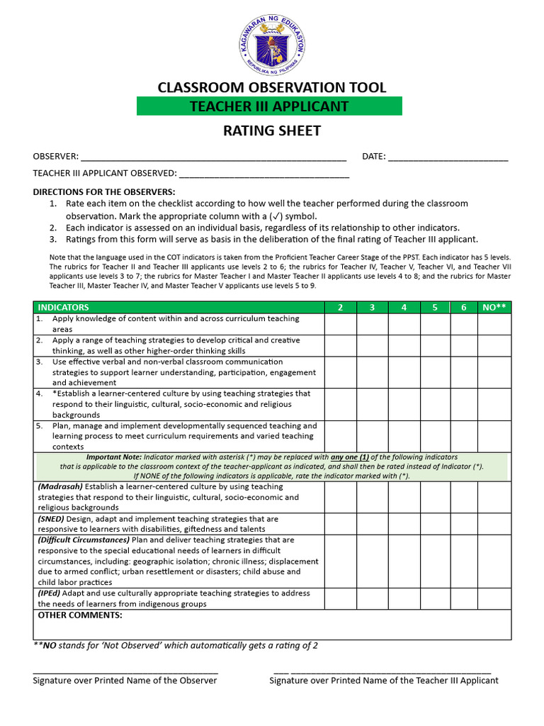 Classroom Observation for Teacher III Applicants | PDF | Teachers ...