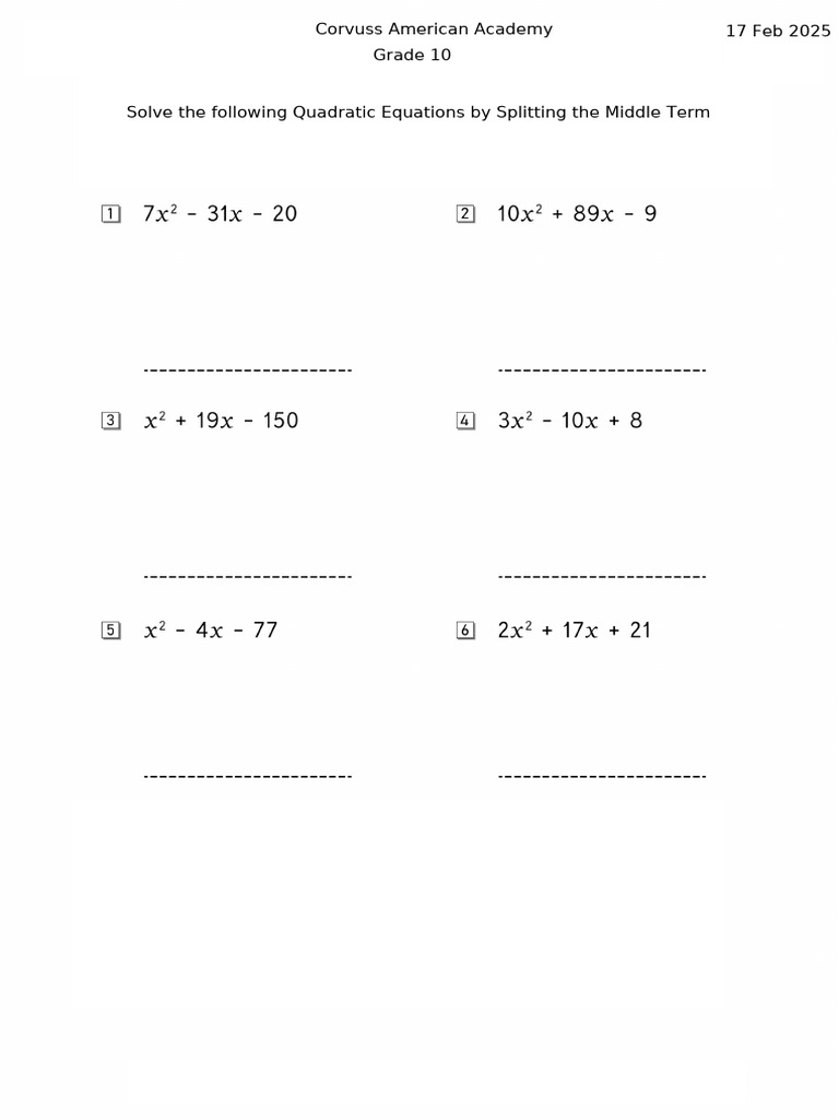 Grade 10 Quadratic Equations Worksheet | PDF