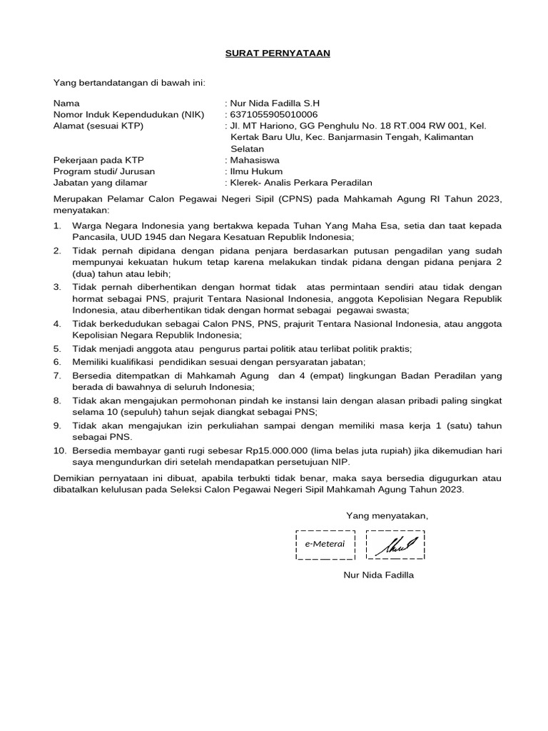 Lampiran III - Surat Pernyataan CPNS 2023 | PDF