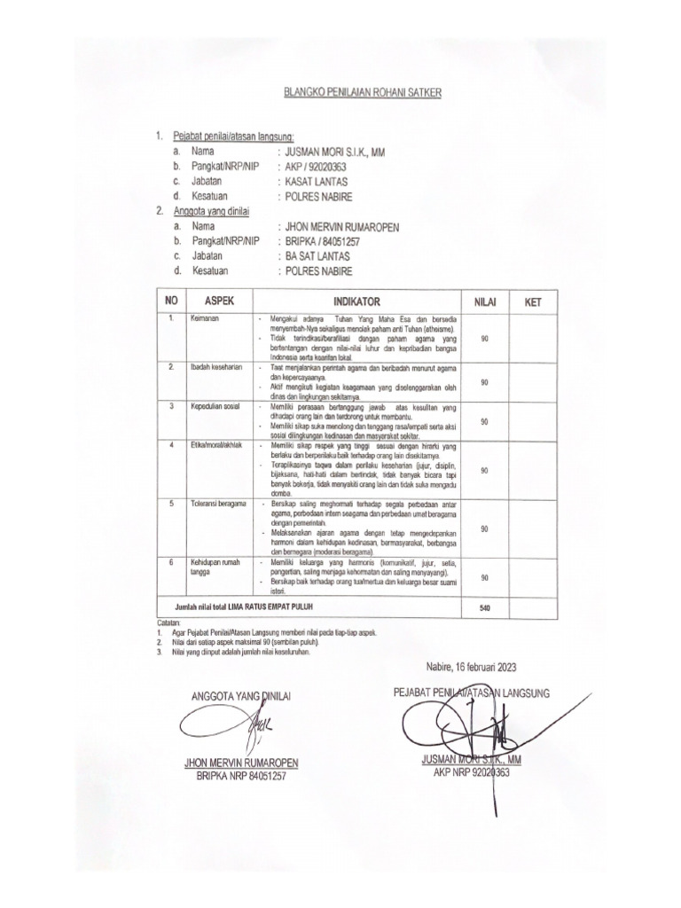Blangko Penilaian Rohani Satker 2 | PDF