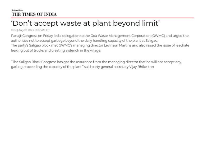 Don't Accept Waste at Plant Beyond Limit' - Times of India | PDF