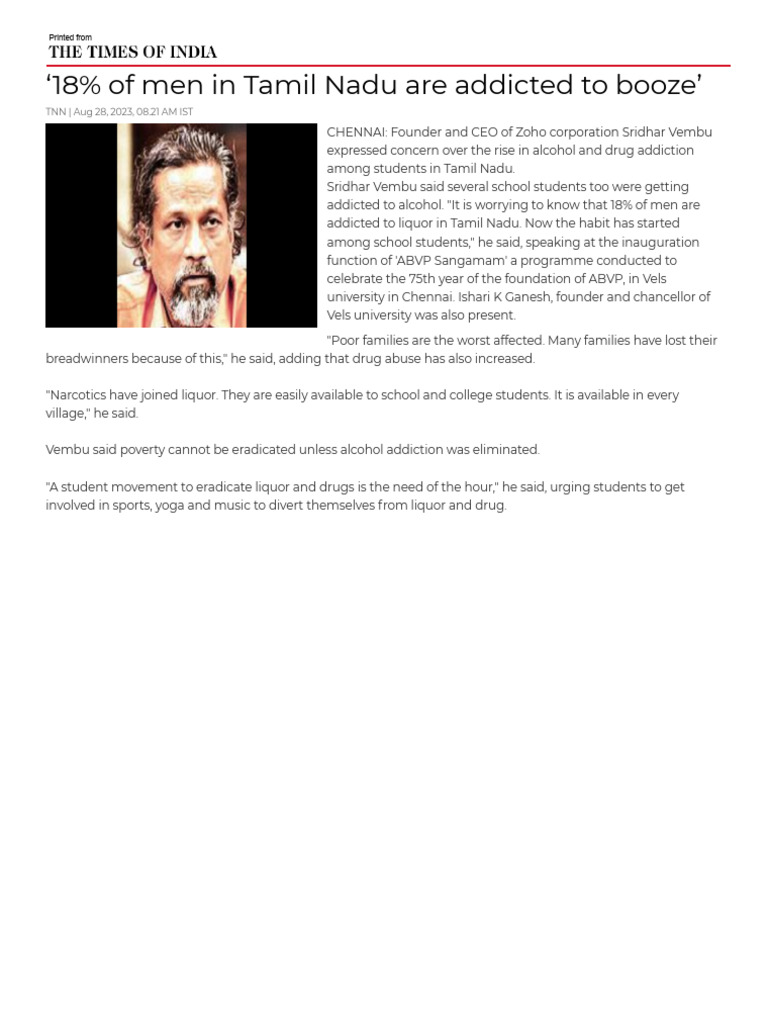 18% of Men in Tamil Nadu Are Addicted To Booze' - Times of India | PDF