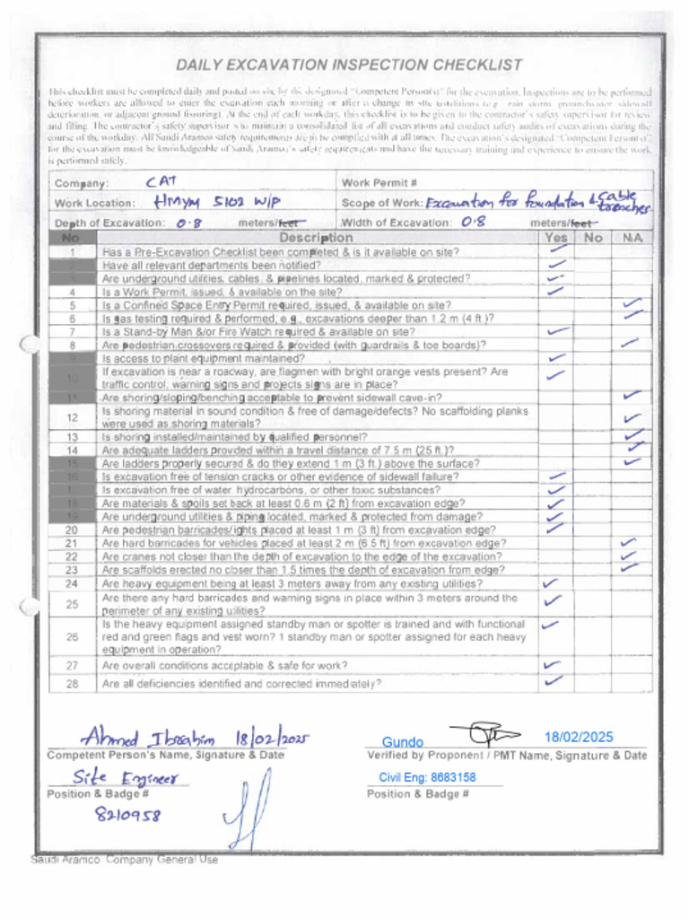 Daily Excavation Checklist | PDF