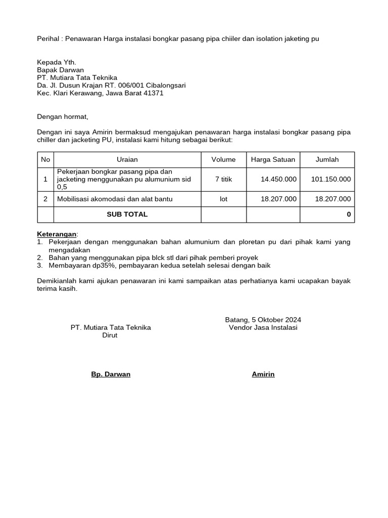 Penawaran Instalasi Pipa Chiller PU | PDF