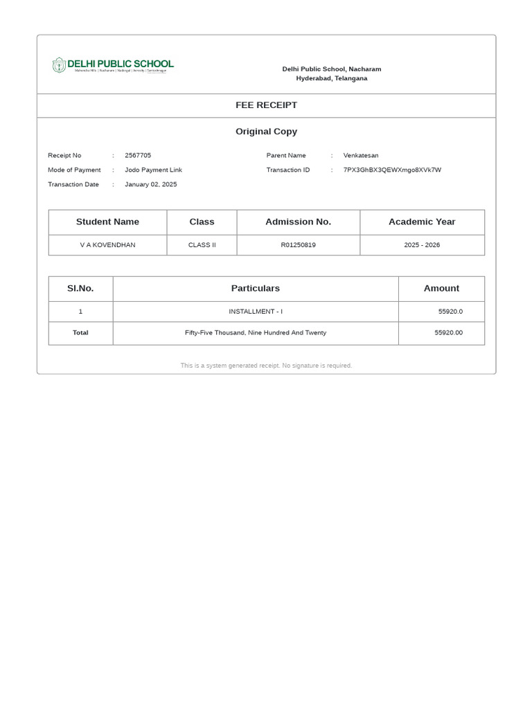 DPS Nacharam Fee Receipt 2025 | PDF