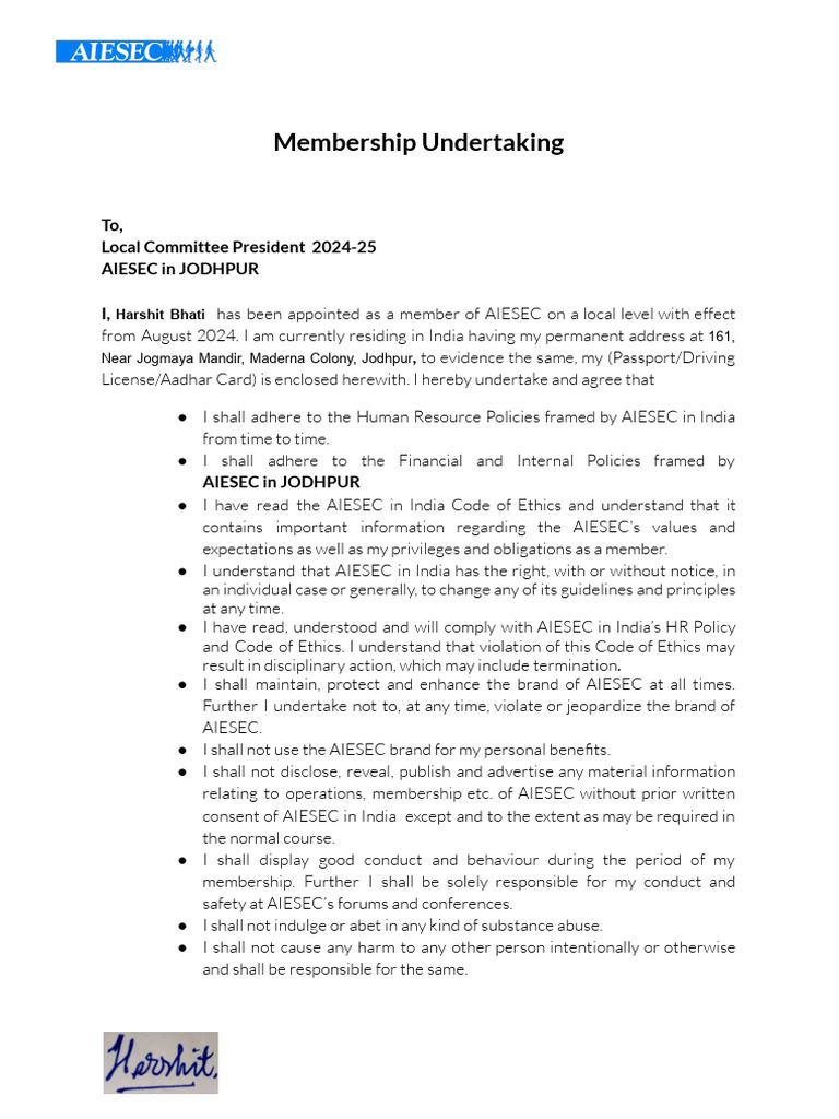 Harshit Bhati Membership Undertaking - (Full Name) | PDF | Privacy | Consent