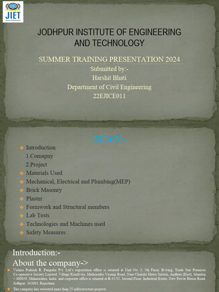 Harshit Bhati-22EJICE011-Summer Training Presentation | PDF | Concrete | Building