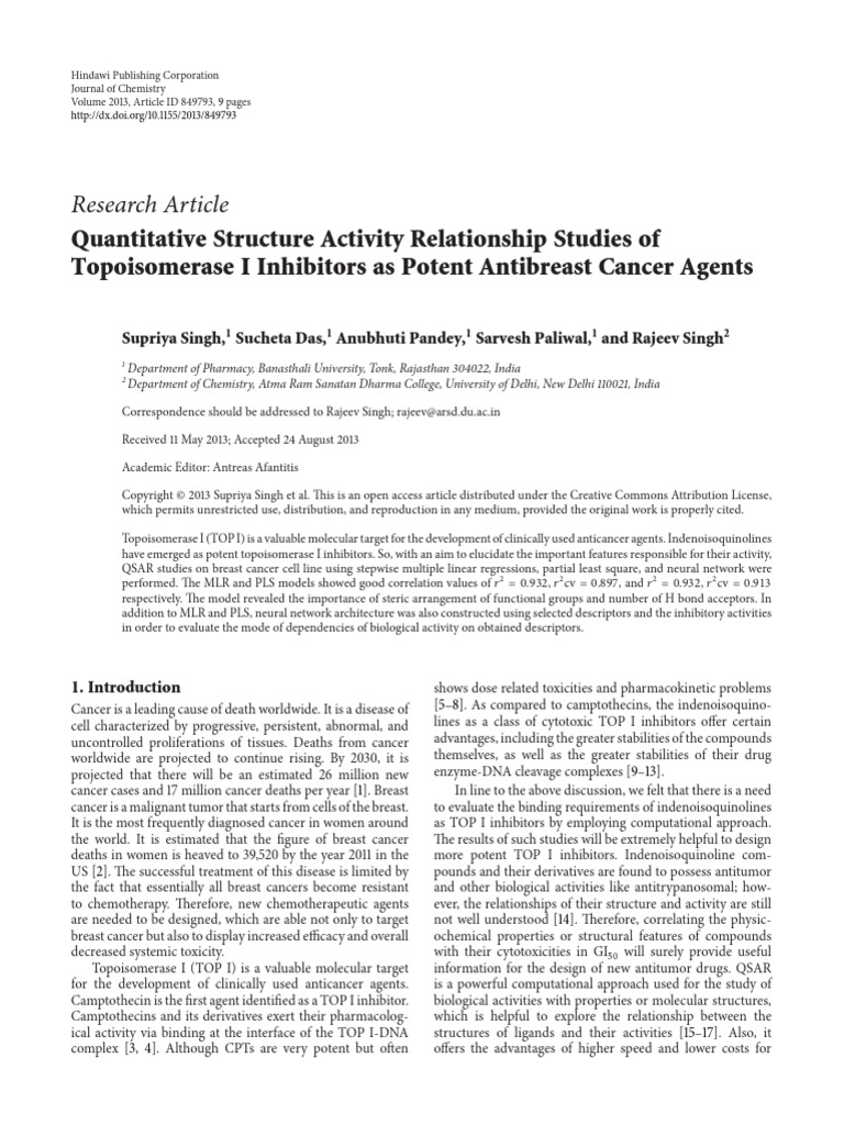 Quantitative Structure Activity Relationship Studies of Topoisomerase I Inhibitors as Potent ...