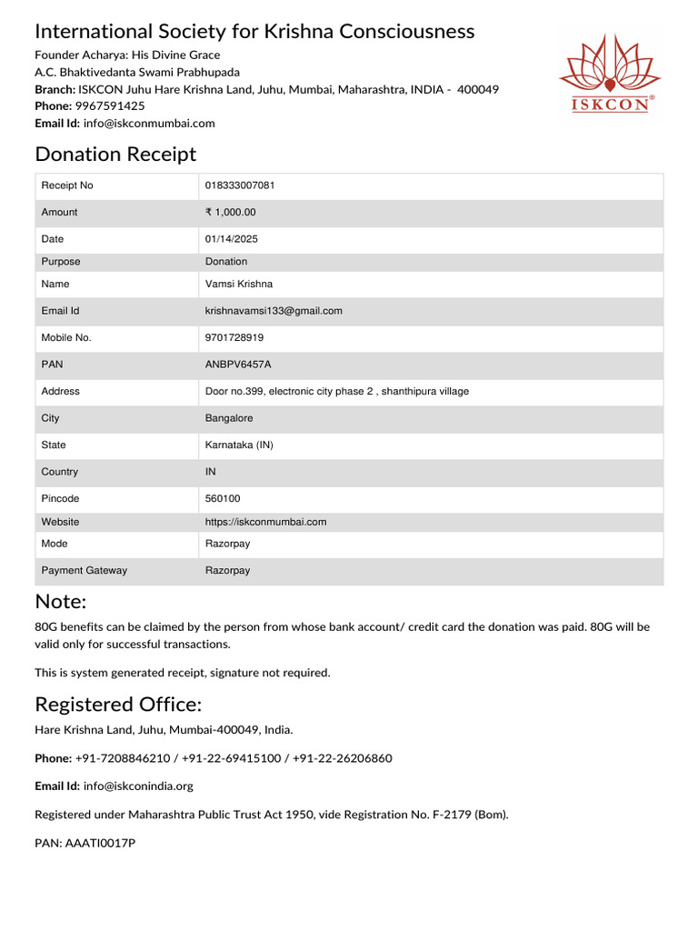 ISKCON Donation Receipt #018333007081 | PDF