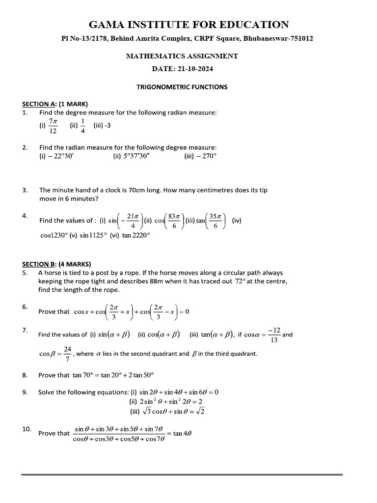 Assignment 3-Trigonometric Function - 21!10!2024 | PDF