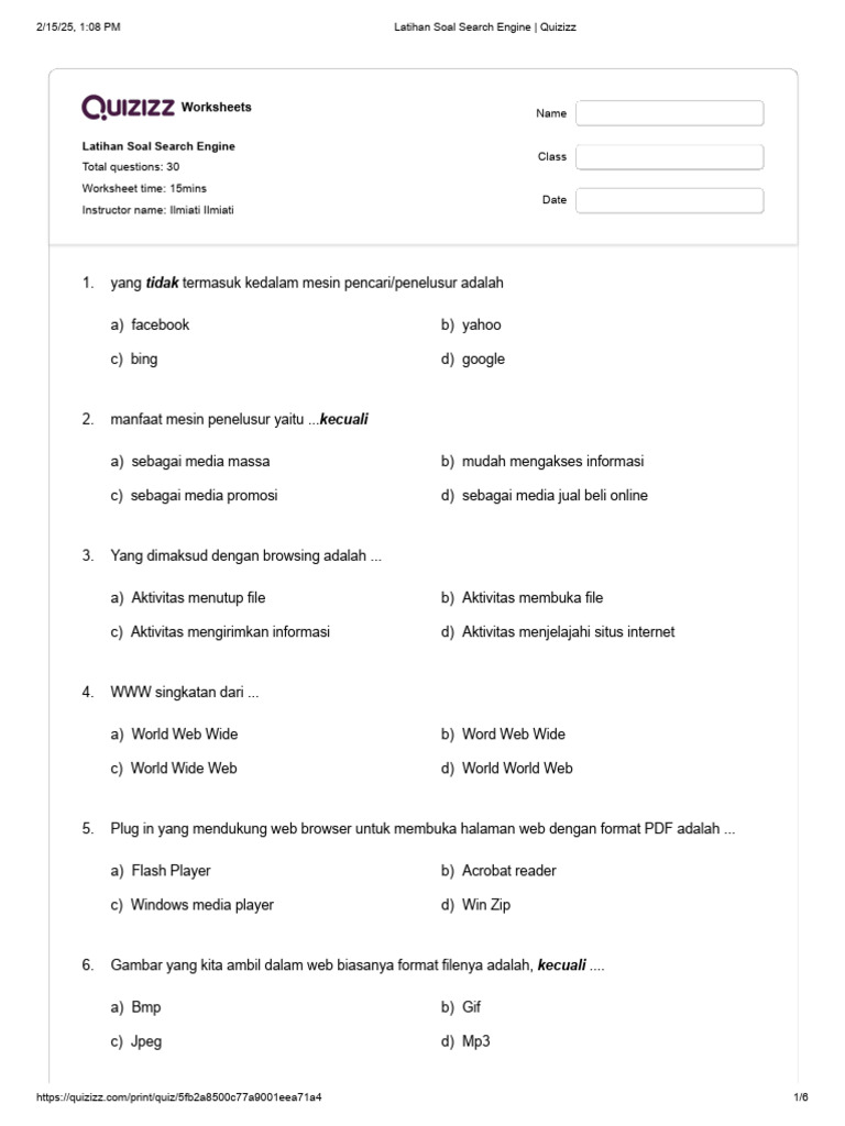 Latihan Soal Search Engine _ Quizizz | PDF