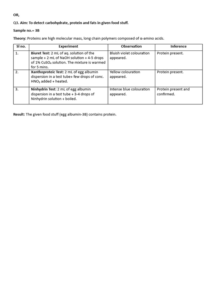 OR, - Aim: To Detect Carbohydrate, Protein and Fats in Given Food Stuff ...
