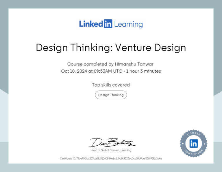 CertificateOfCompletion - Design Thinking Venture Design | PDF