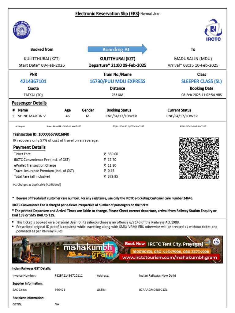 Electronic Reservation Slip for Train Ticket | PDF | Identity Document ...