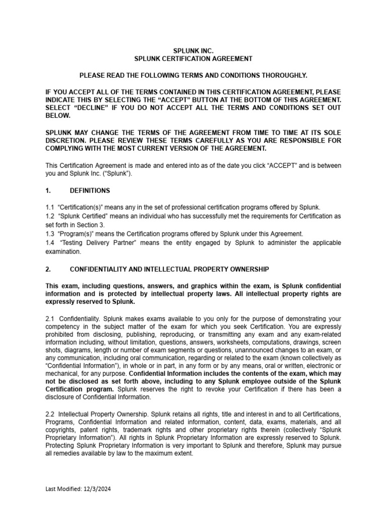 Splunk Certification Exam Agreement | PDF | Legal Liability | Trade Secret