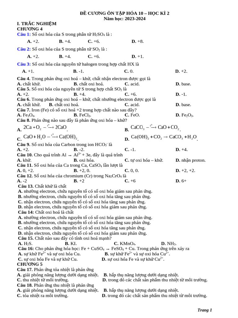 De Cuong Hoa 10 Ki 2 | PDF