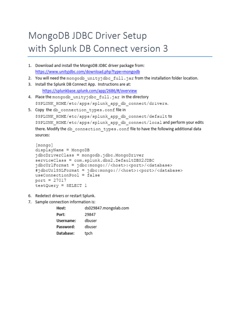 Mongodb JDBC Splunk Dbconnect v3 | PDF