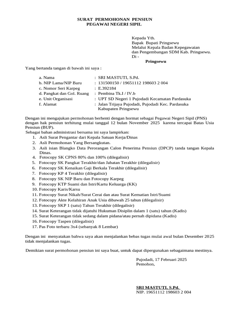 Surat Permohonan Pensiun | PDF