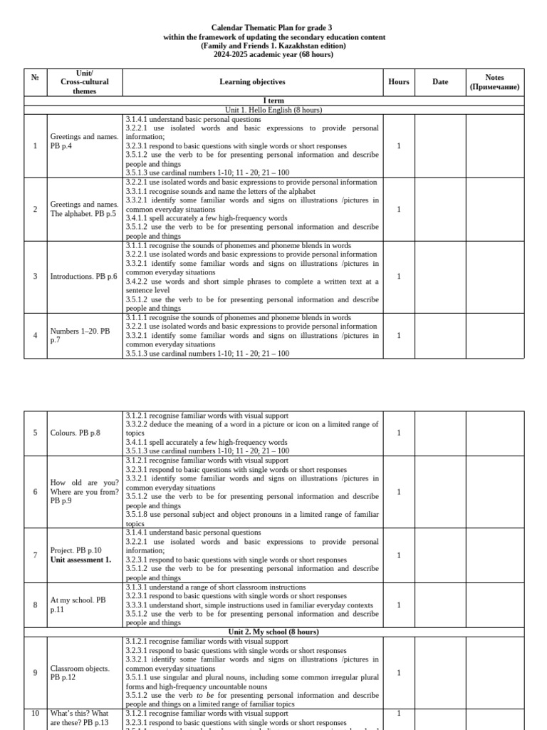 Grade 3 Thematic Calendar Plan 2024-2025 | PDF | Word | Plural