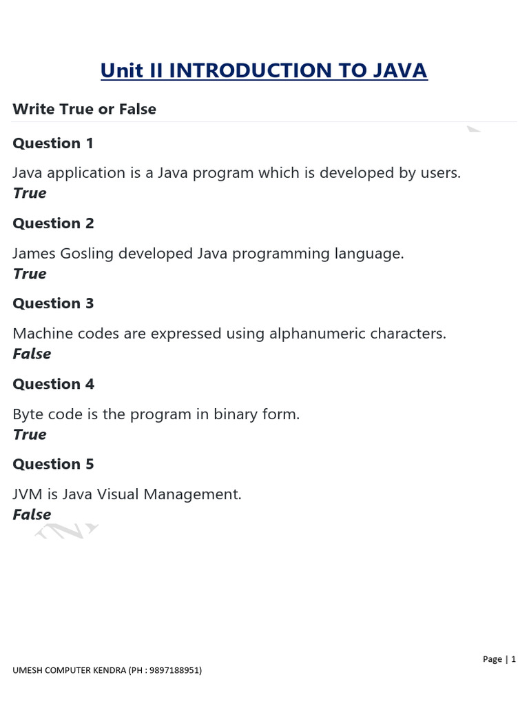 Chapte 1 Exercises Unit II Introduction to JAVA | PDF | Java (Programming Language) | Compiler