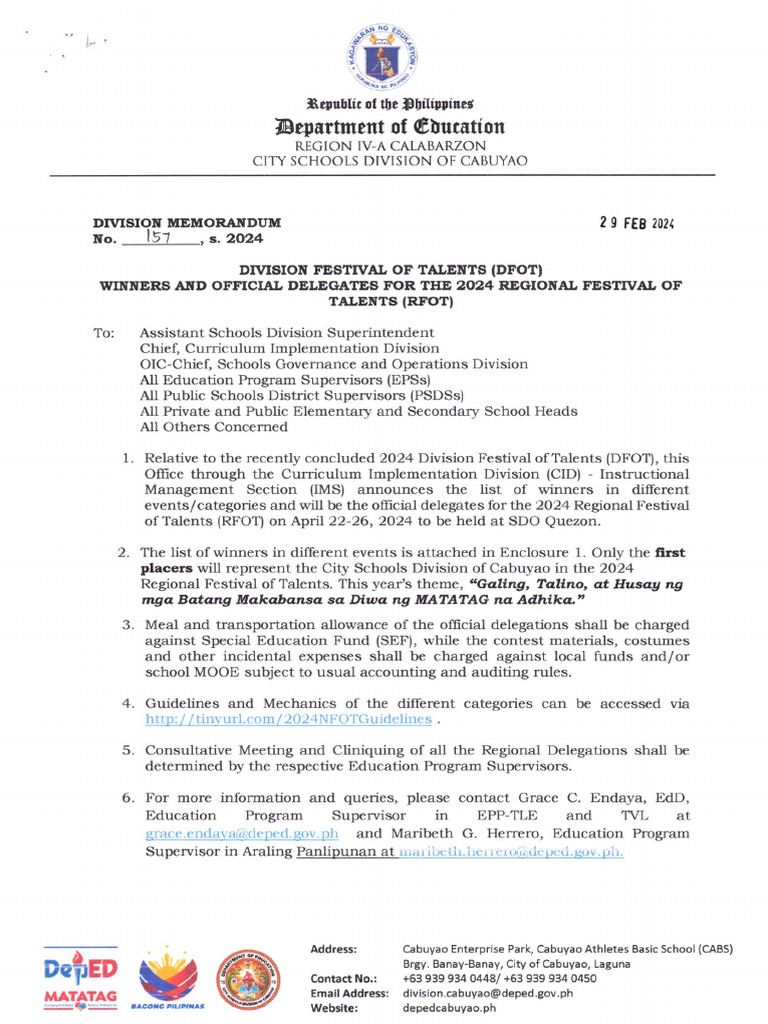 Division Memorandum No. 157 S 2024 Division Festival of Talents DFOT ...