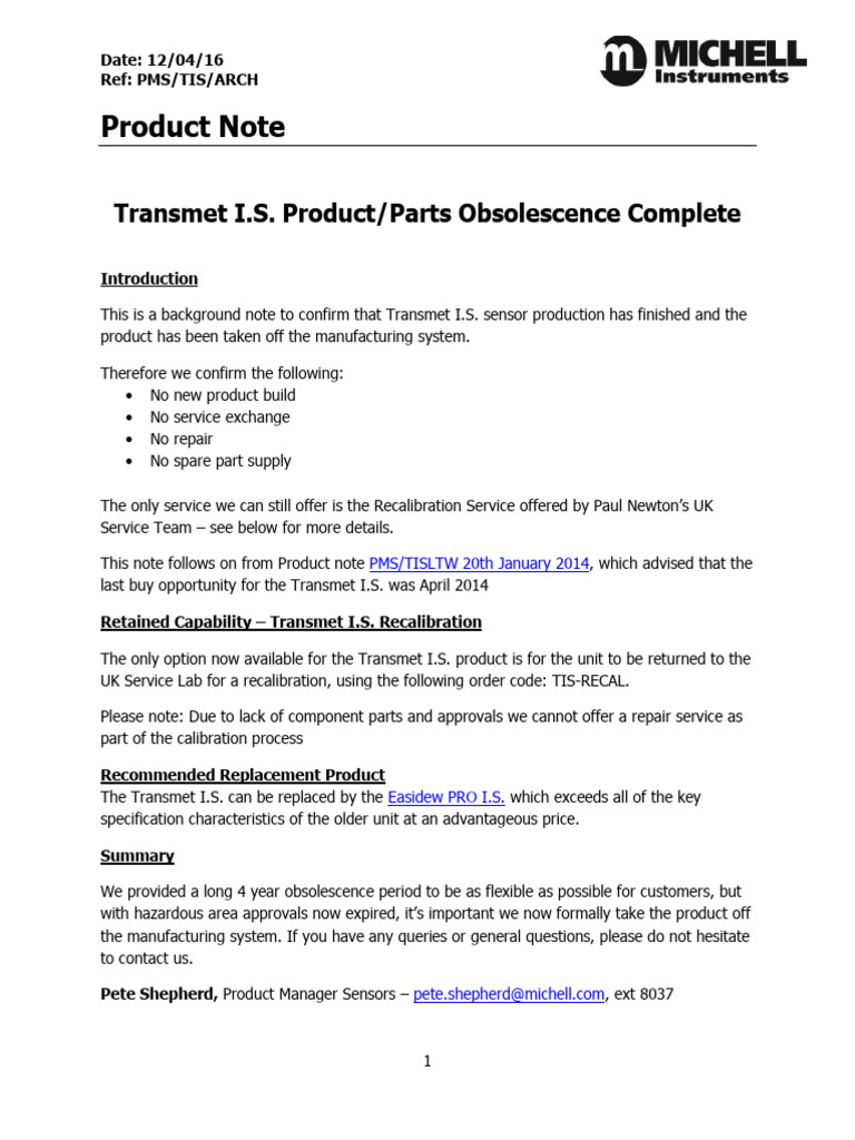 Transmet IS Product Parts Obsolescence Complete | PDF