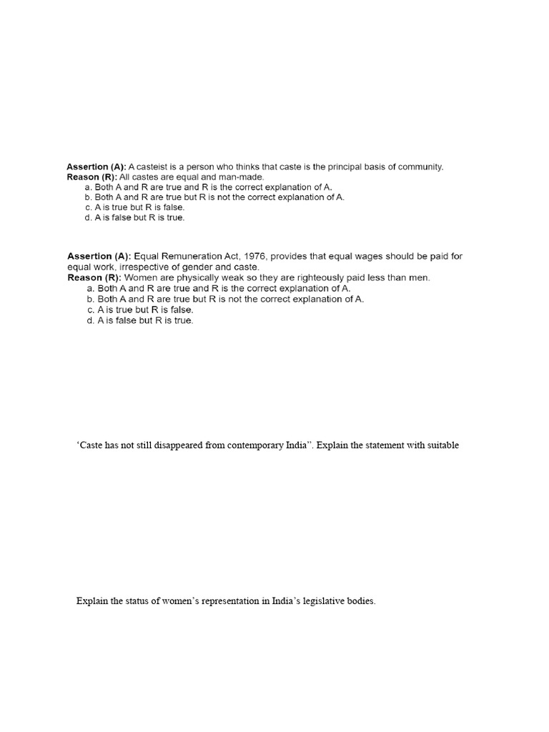 Political Science Worksheet - Gender, Caste and Religion | PDF