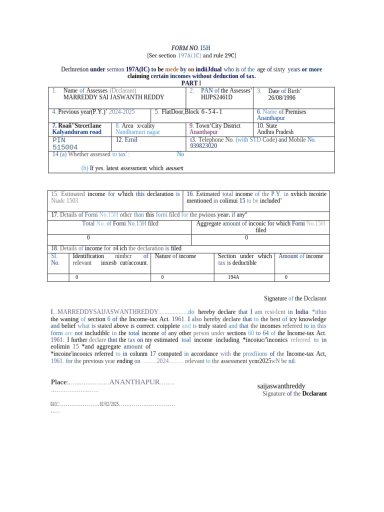 form15h | PDF | Income Tax | Fine (Penalty)