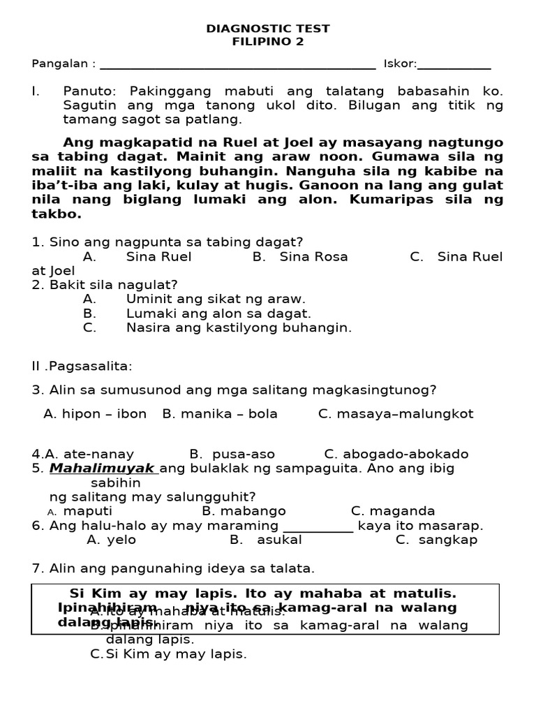 2019-2020 Filipino Diagnostic | PDF