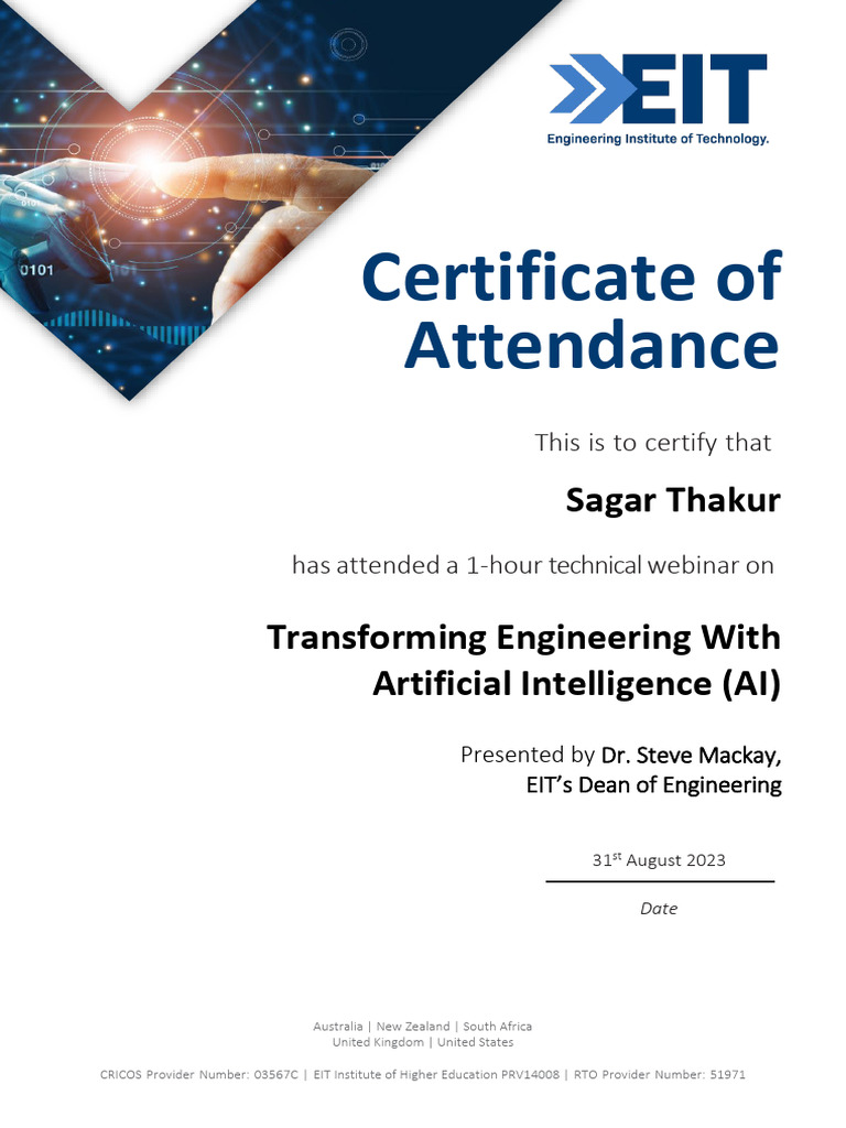EIT Certificate of Attendance 31august2023 | PDF