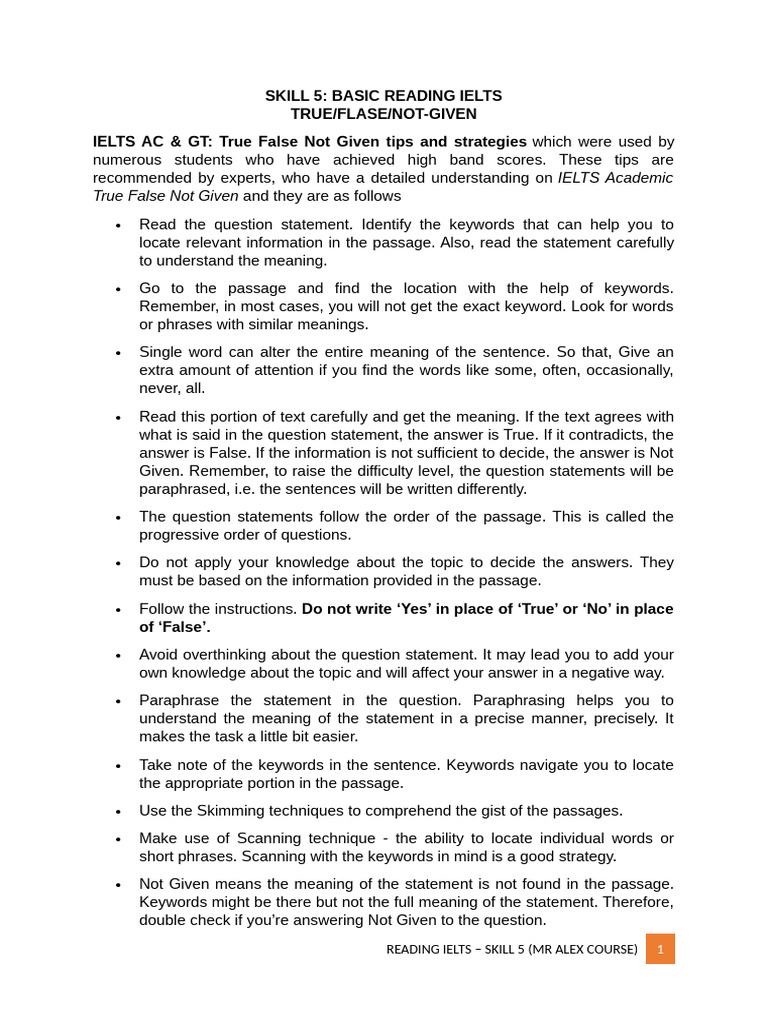 IELTS True/False/Not Given Strategies | PDF | Artificial Intelligence ...