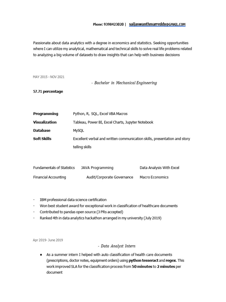 Resume Data Analyst Fresher | PDF | Data Analysis | Microsoft Excel