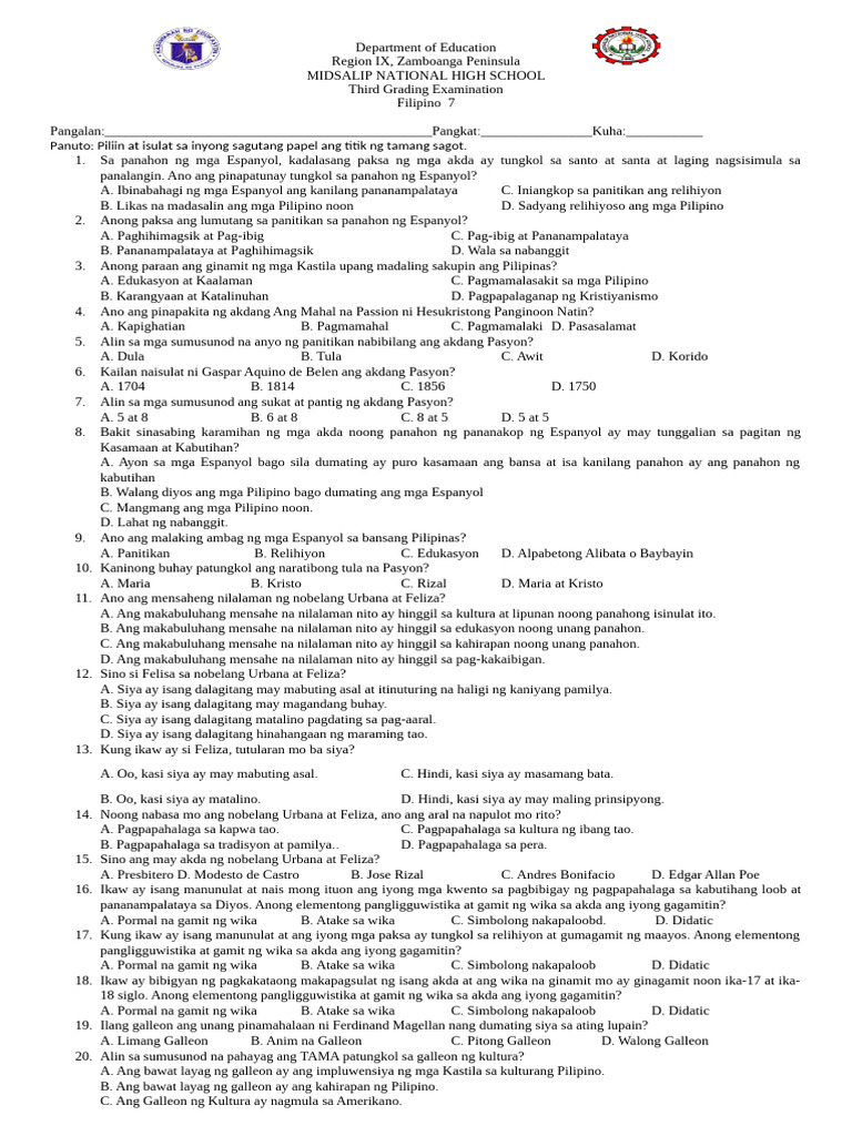 Test Questions in Filipino 7 | PDF