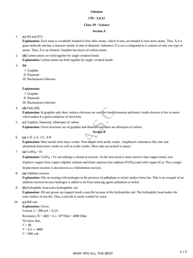 Class 10 Science Answer Key CH 3,4,12 | PDF | Chemical Bond | Carbon