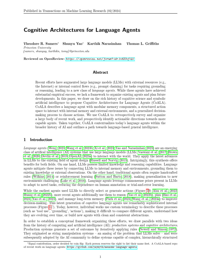 Cognitive Architectures For Language Agents: Theodore R. Sumers Shunyu Yao Karthik Narasimhan ...