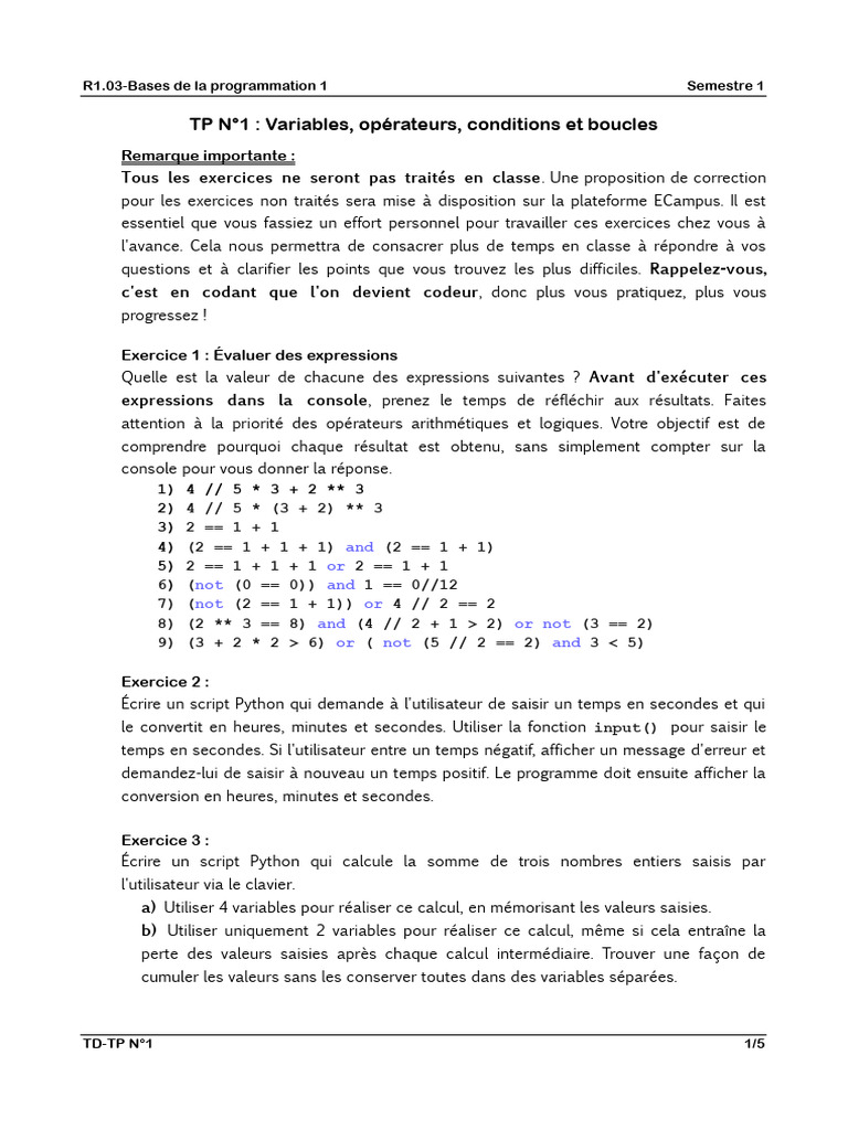 BasesDeLaProgrammation1 TP1 | PDF | Structure de contrôle | Python ...
