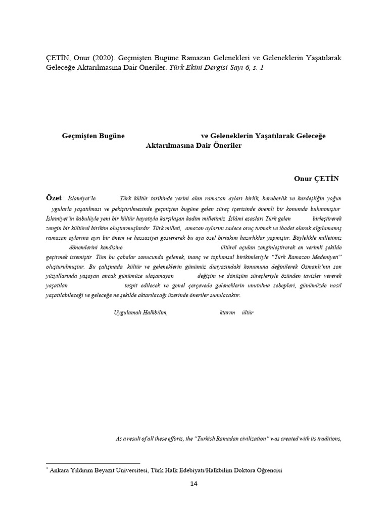 Ge Mi Ten Bug Ne Ramazan Gelenekleri Ve Geleneklerin Ya at Larak Gelece e Aktar Lmas Na Dair ...