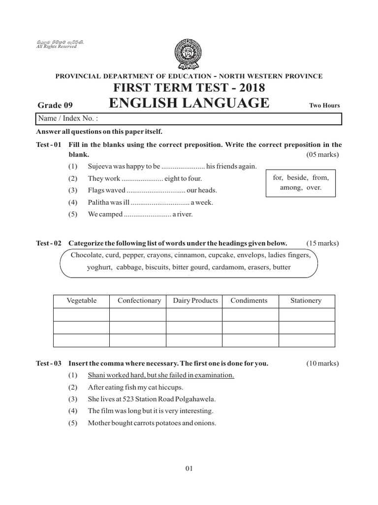 Grade 09 English 1st Term Test Paper 2018 North Western Province | PDF